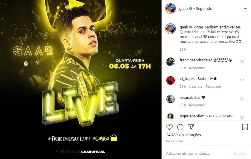 Veja onde assistir e como será a live com show do Gaab | Metrópoles