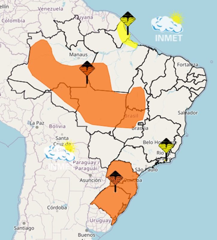 Inmet alerta para tempestades no Sul, Centro-Oeste e Norte; veja mapa ...