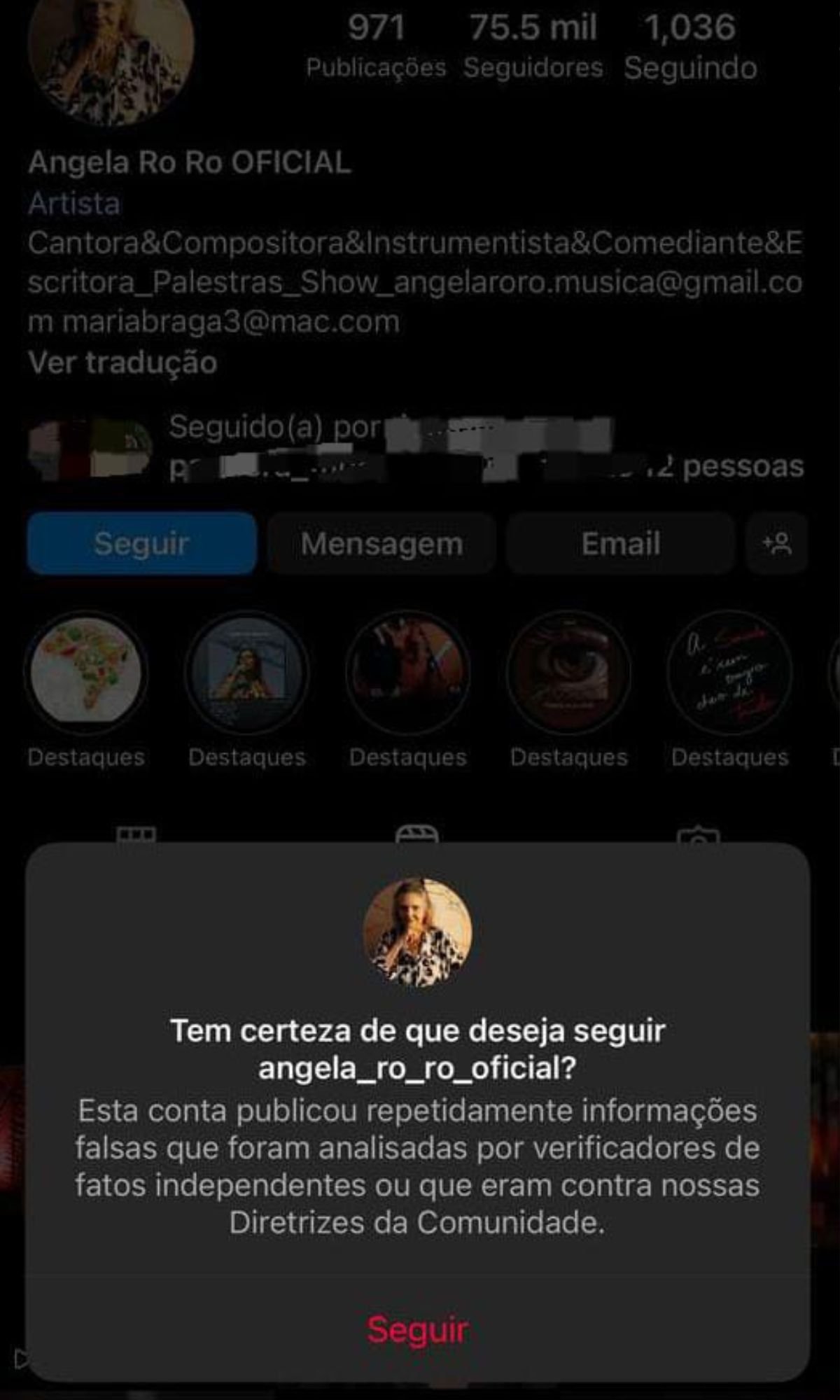 Instagram faz alerta aos novos seguidores de Angela Ro Ro. Veja ...
